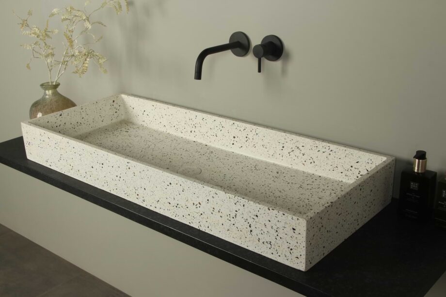Terrazzo Wasbak Wit Rechthoek 100×39 cm | TRZ-512lt - Badkamer Exclusief